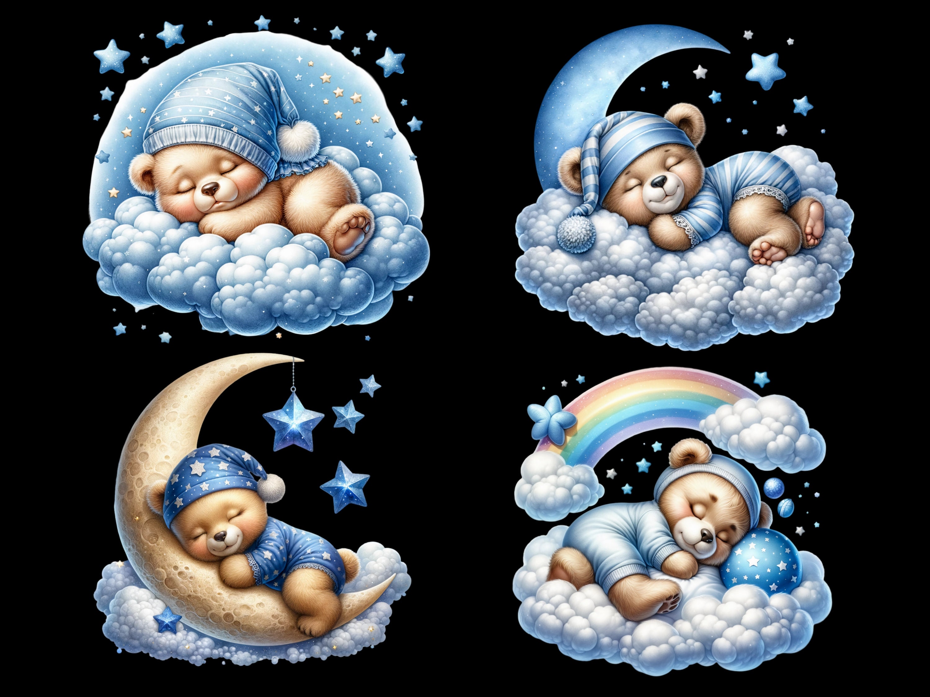 Watercolor Sleeping Blue Teddy Bear Clipart, 24 PNG Sleepy Teddy Bear ...