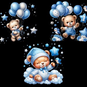 Watercolor Teddy Bear With Balloons Clipart, 12 PNG Blue Teddy Bear ...