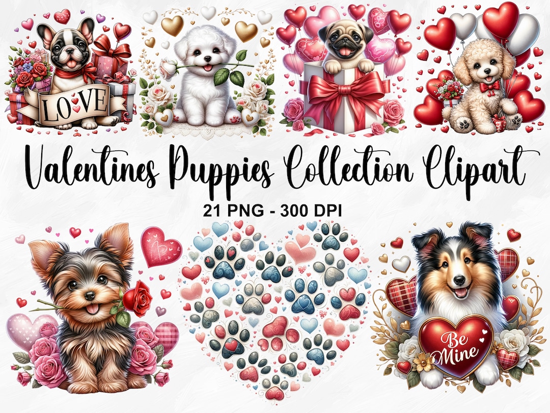 Watercolor Valentines Puppies Collection Clipart, 21 PNG Valentines Day ...