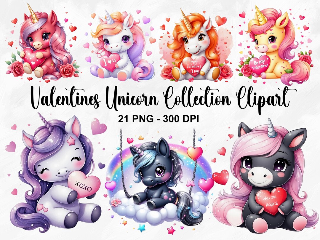 Watercolor Valentines Unicorn Collection Clipart, 21 PNG Valentines Day ...