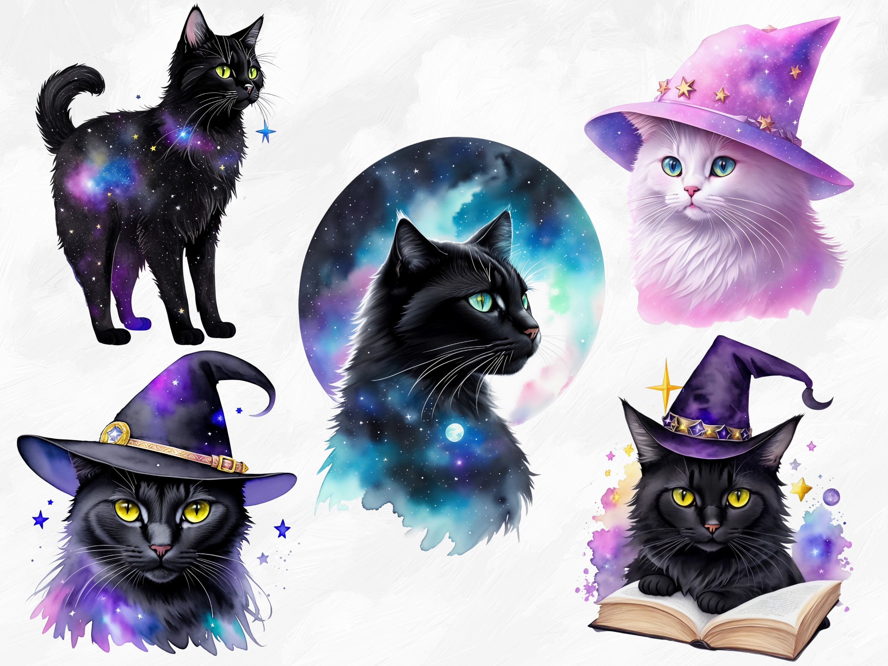 Watercolor Celestial Witchy Cats Clipart 19 PNG Celestial - Etsy