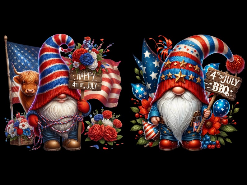 Watercolor 4th of July Gnomes Clipart, 11 PNG Patriotic Gnome Clipart ...