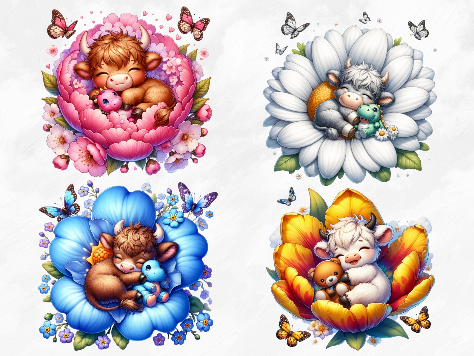 Watercolor Sleeping Baby Highland Cow Clipart, 24 PNG Cute Cow Clipart ...