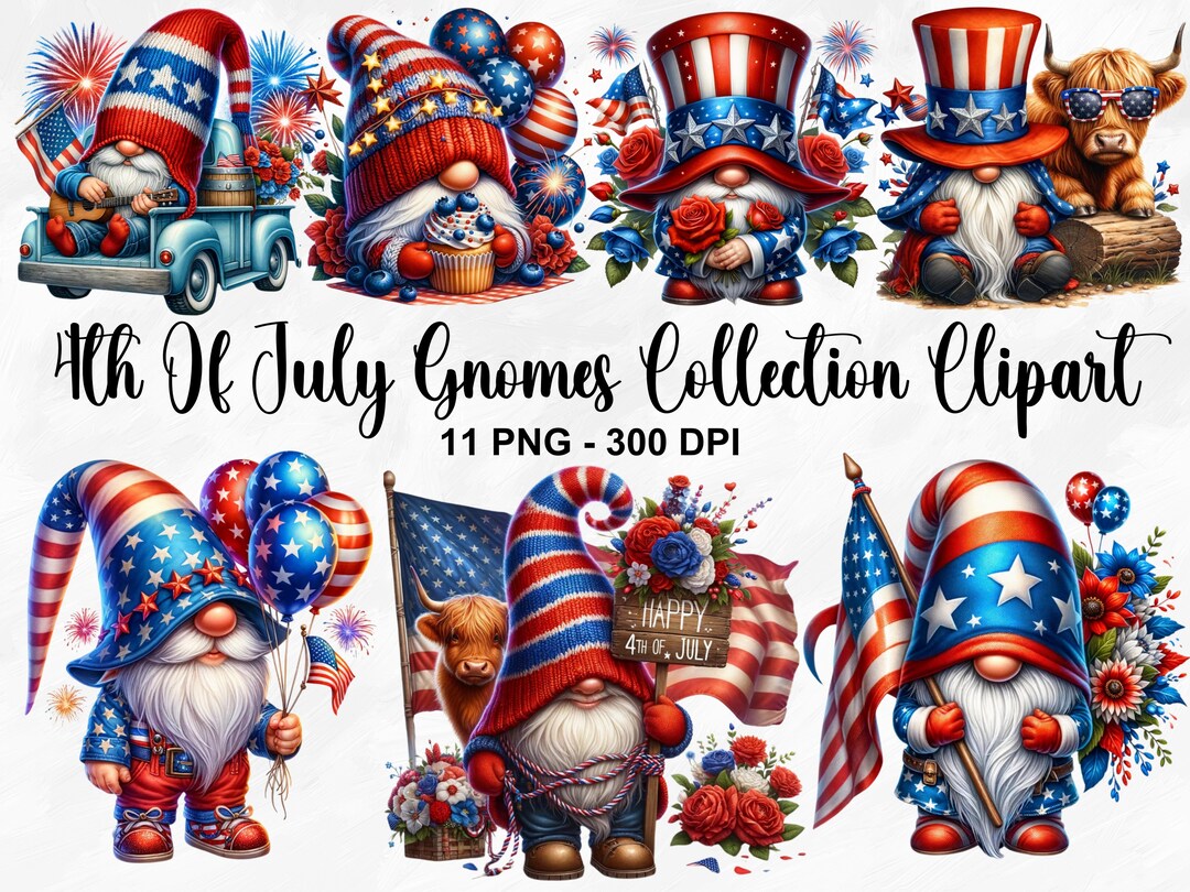 Watercolor 4th of July Gnomes Clipart, 11 PNG Patriotic Gnome Clipart ...