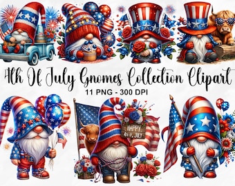 Watercolor 4th of July Gnomes Clipart, 11 PNG Patriotic Gnome Clipart ...