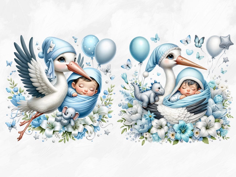 Watercolor Baby Boy Stork Collection Clipart, 12 PNG Stork Baby Boy ...