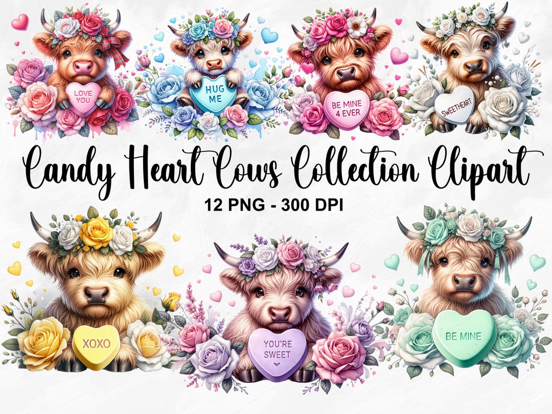 Watercolor Candy Heart Cows Collection Clipart, 12 PNG Valentines ...