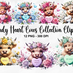 Watercolor Candy Heart Cows Collection Clipart, 12 PNG Valentines ...