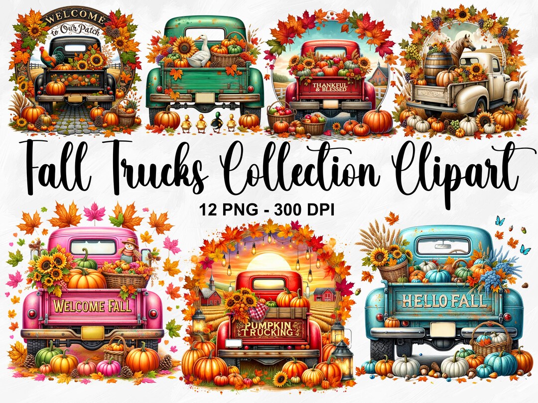 Watercolor Fall Trucks Collection Clipart, 12 PNG Hello Fall Clipart ...