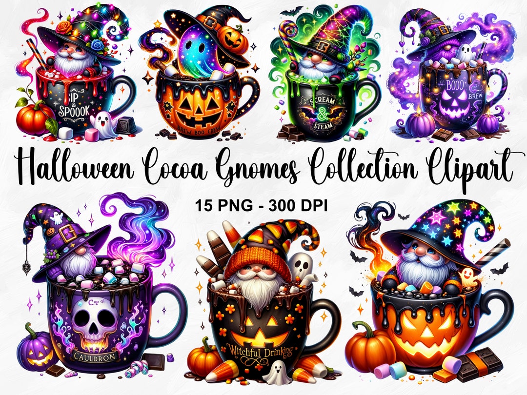 Watercolor Halloween Cocoa Gnomes Clipart, 15 PNG Halloween Gnomes ...