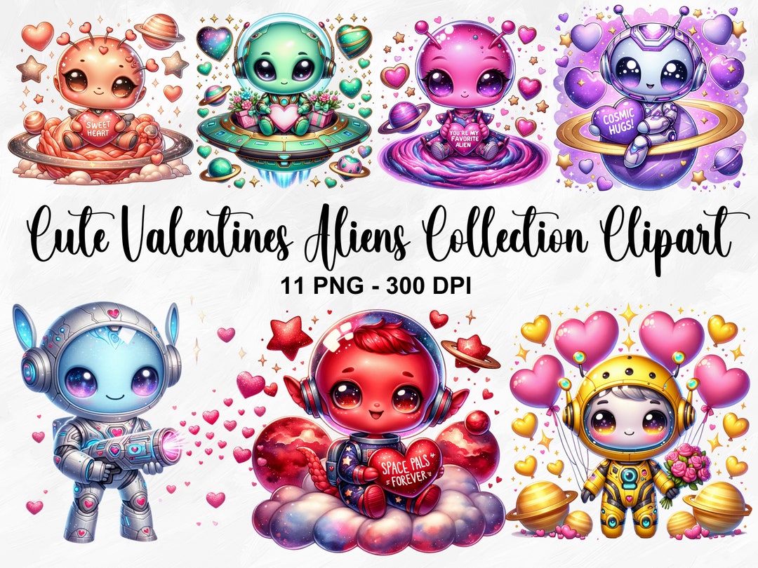 Watercolor Cute Valentines Aliens Clipart, 11 PNG Valentines Day ...