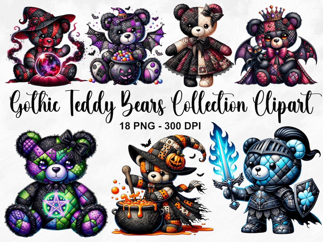 Watercolor Gothic Teddy Bears Collection Clipart, 18 PNG Halloween ...