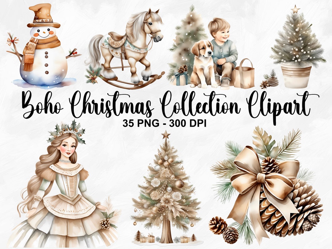 Watercolor Boho Christmas Collection Clipart, 35 PNG Cozy Christmas ...