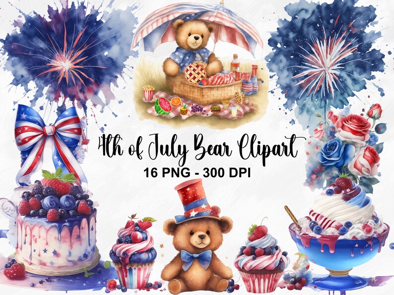 Watercolor 4th of July Teddy Bear Clipart, Fourth of July Clipart ...
