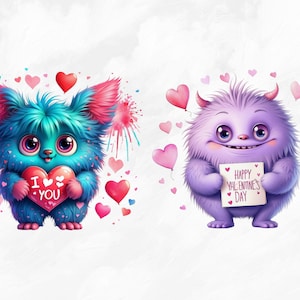 Watercolor Cute Cartoon Valentines Monsters Clipart, 12 PNG Valentines ...