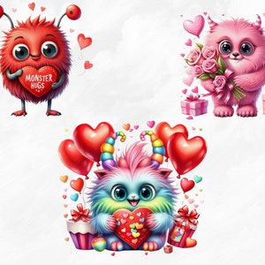 Watercolor Cute Cartoon Valentines Monsters Clipart, 12 PNG Valentines ...