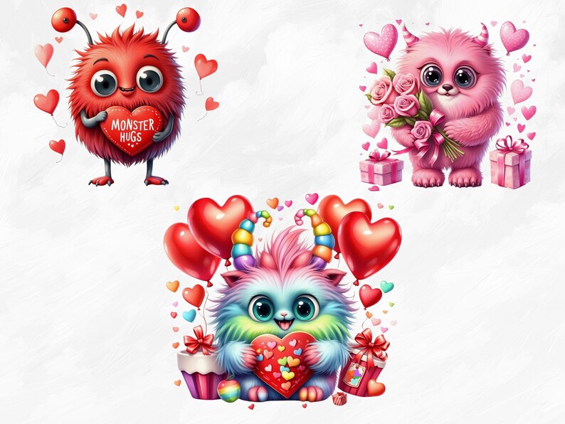 Watercolor Cute Cartoon Valentines Monsters Clipart, 12 PNG Valentines ...