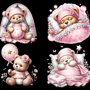 Watercolor Pink Sleepy Teddy Bear Clipart, 23 PNG Cute Baby Bear ...