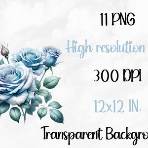 Watercolor Blue Rose Collection Clipart, 11 PNG Rose Bouquet Clipart ...