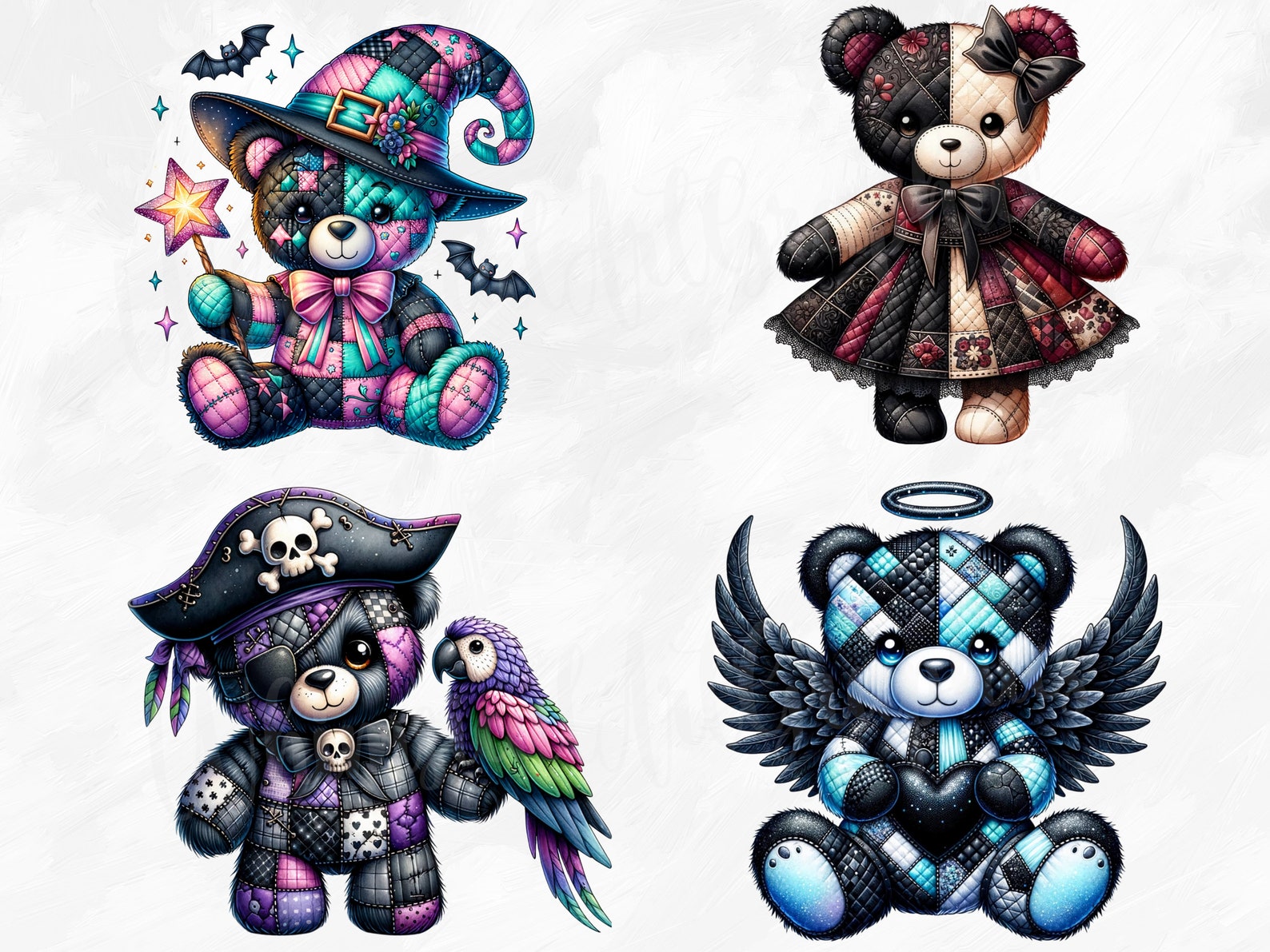 Watercolor Gothic Teddy Bears Collection Clipart, 18 PNG Halloween ...