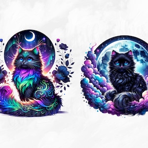 Watercolor Celestial Cats Collection Clipart, 14 PNG Cat Clipart ...