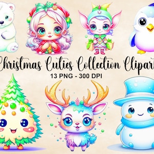 Watercolor Christmas Cuties Collection Clipart, 13 PNG Christmas ...