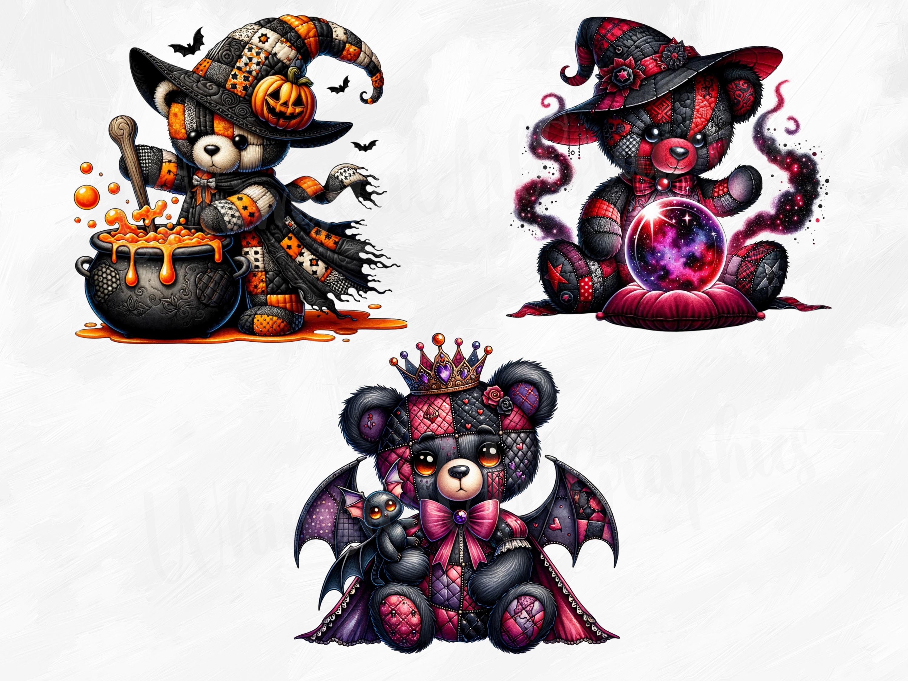 Watercolor Gothic Teddy Bears Collection Clipart, 18 PNG Halloween ...