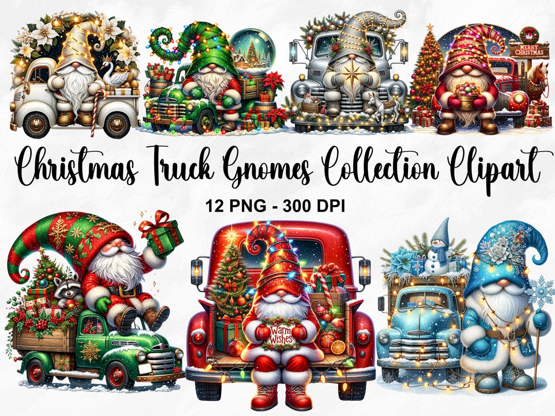 Watercolor Christmas Truck Gnomes Collection Clipart, 12 PNG Christmas ...