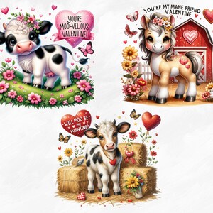 Watercolor Valentines Farm Animals Collection Clipart, 11 PNG ...