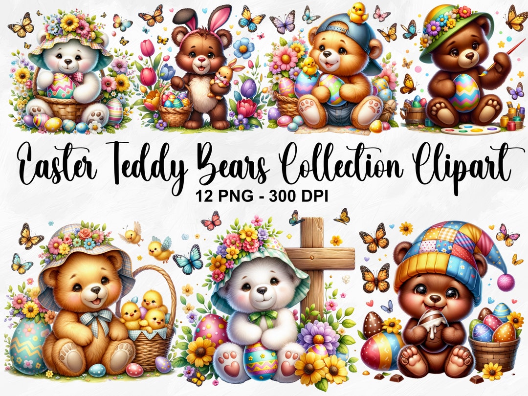Watercolor Easter Teddy Bears Collection Clipart, 12 PNG Easter Clipart ...
