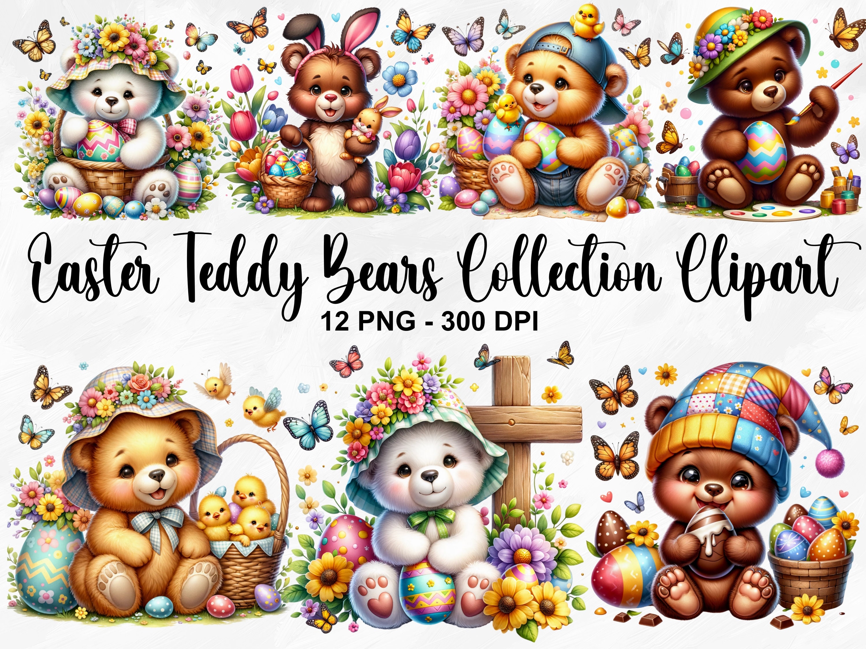 Watercolor Easter Teddy Bears Collection Clipart, 12 PNG Easter Clipart ...