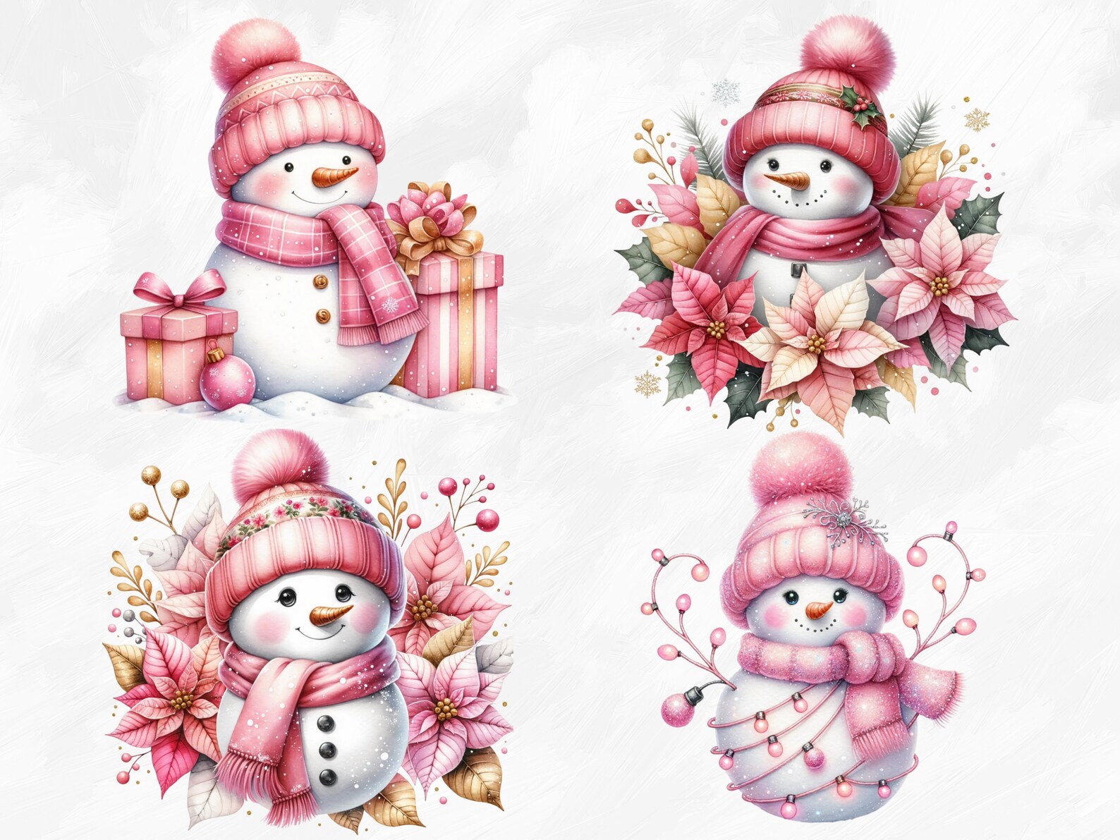 Watercolor Pink Snowman Collection Clipart, 26 PNG Festive Snowman ...