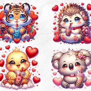 Watercolor Boba Tea Valentines Collection Clipart, 24 PNG Valentines ...