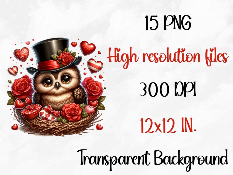 Watercolor Cute Valentines Owl Clipart, 15 PNG Valentines Day Clipart ...