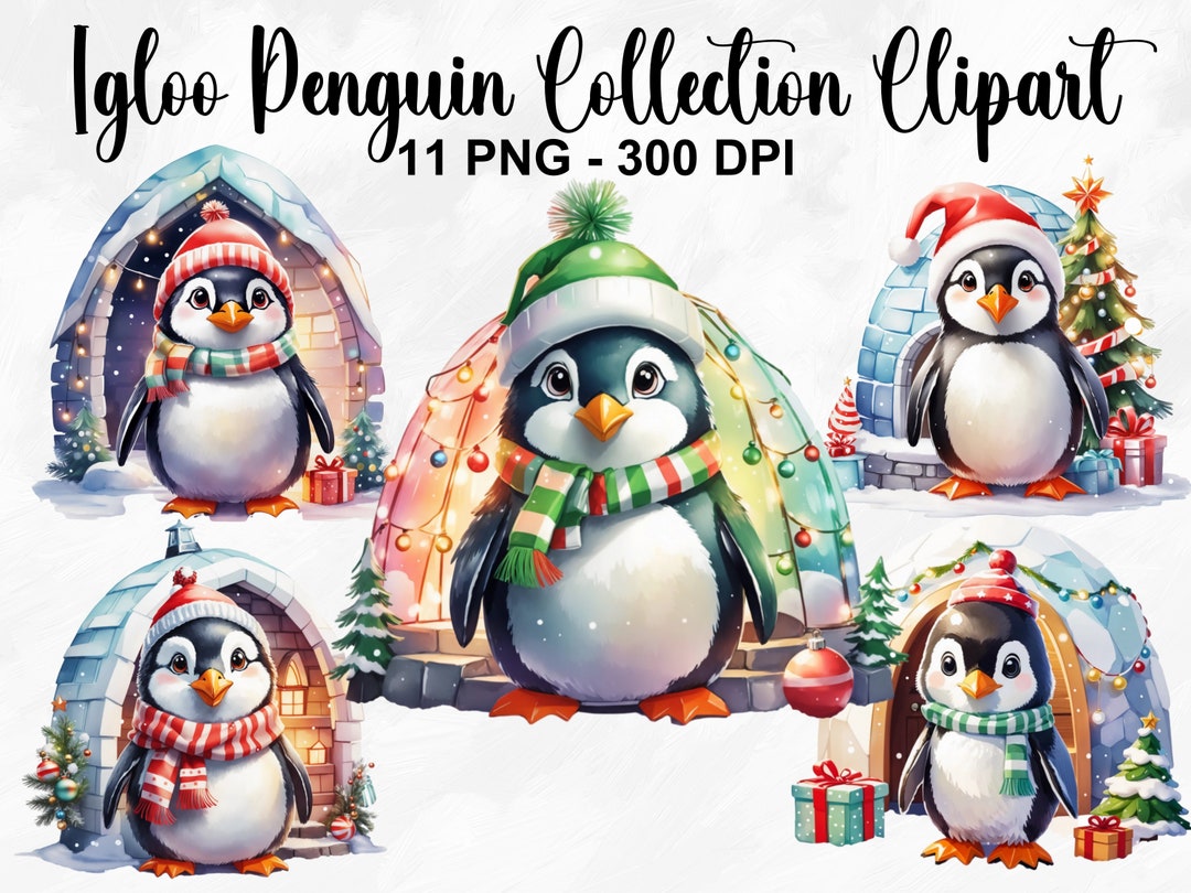 Watercolor Igloo Penguin Collection Clipart, 11 PNG Christmas Penguin ...