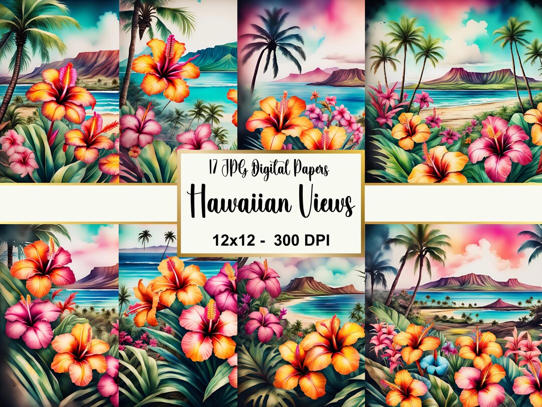Watercolor Hawaiian Views Digital Paper, Hawaiian Art, Hawaiian Beach ...