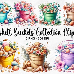 Watercolor Seashell Buckets Collection Clipart, 10 PNG Beach Clipart ...
