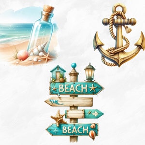Watercolor Nautical Collection Clipart, 14 PNG Beach Clipart, Travel ...