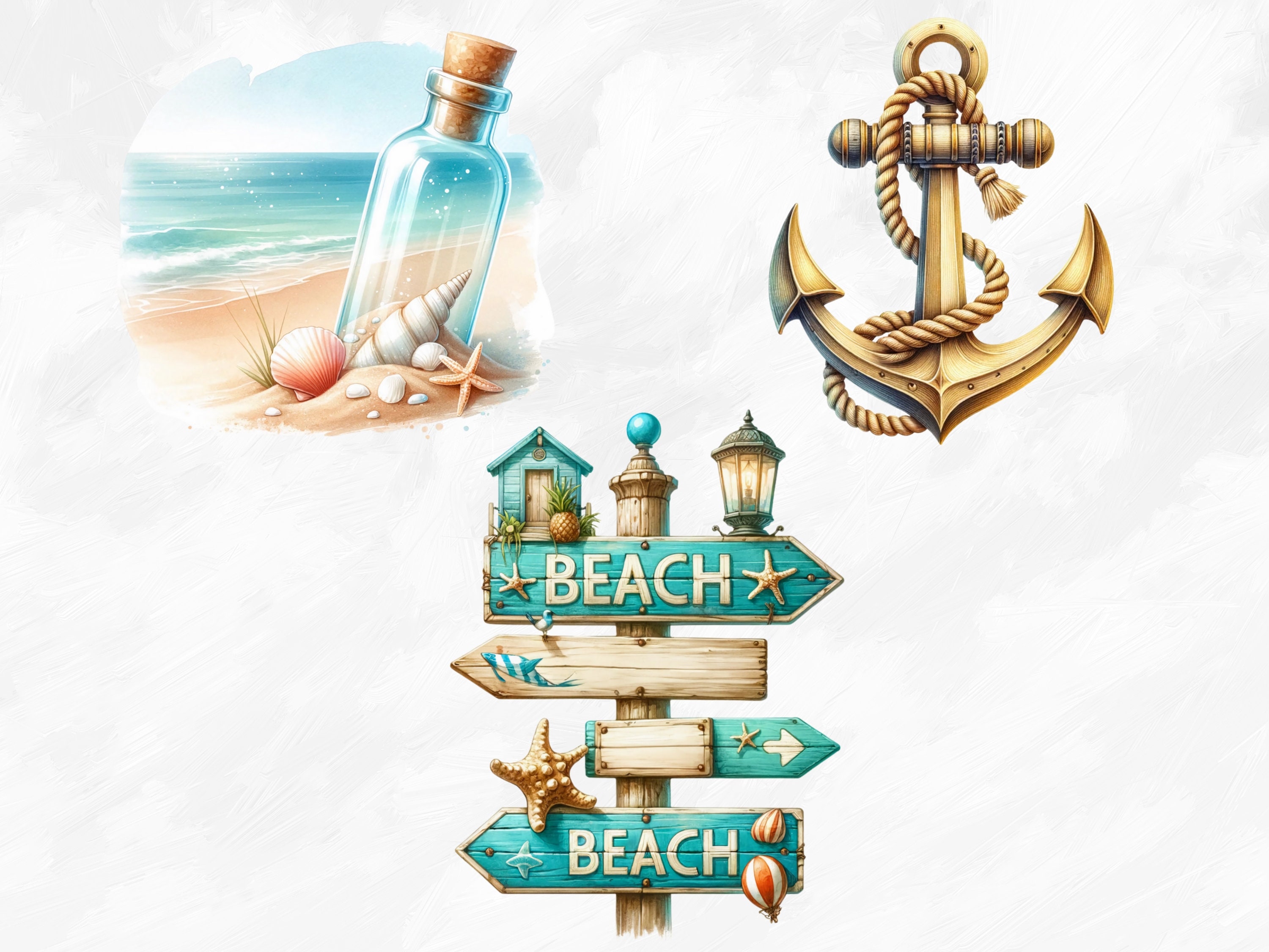 Watercolor Nautical Collection Clipart, 14 PNG Beach Clipart, Travel ...