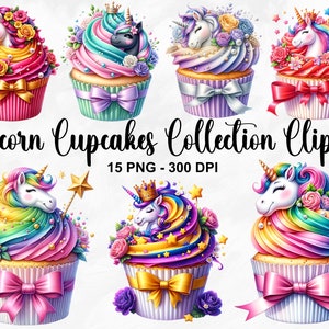 Watercolor Unicorn Cupcakes Collection Clipart, 15 PNG Unicorn Clipart ...