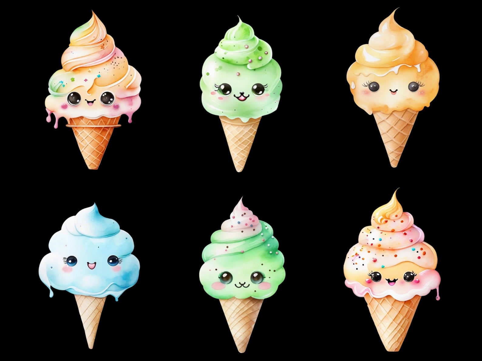 Watercolor Kawaii Ice Cream Clipart, 30 PNG Ice Cream Clipart, Kawaii ...