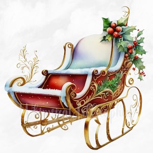 Watercolor Christmas Sleigh Clipart, 15 PNG Santa Sleigh Clipart, Red ...