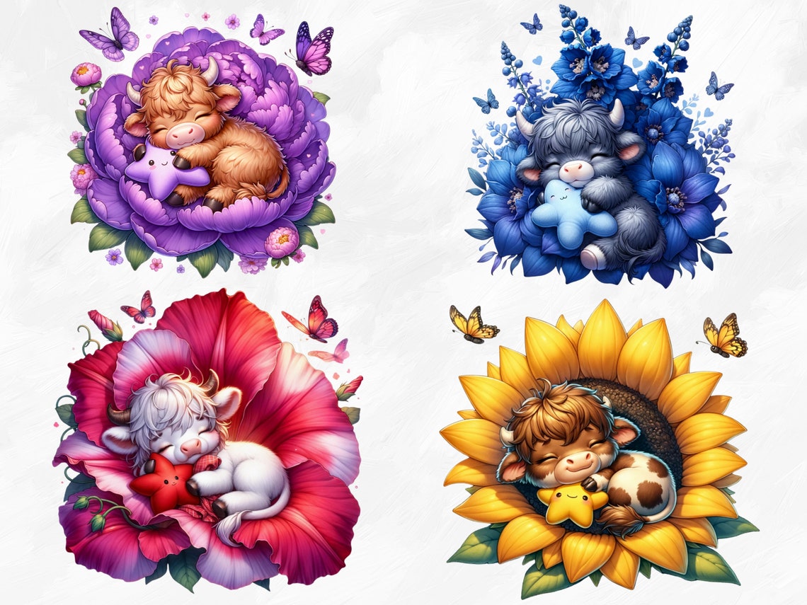 Watercolor Sleeping Baby Highland Cow Clipart, 24 PNG Cute Cow Clipart ...
