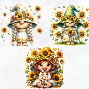 Watercolor Sunflower Gnome Clipart, 11 PNG Garden Gnome Clipart ...