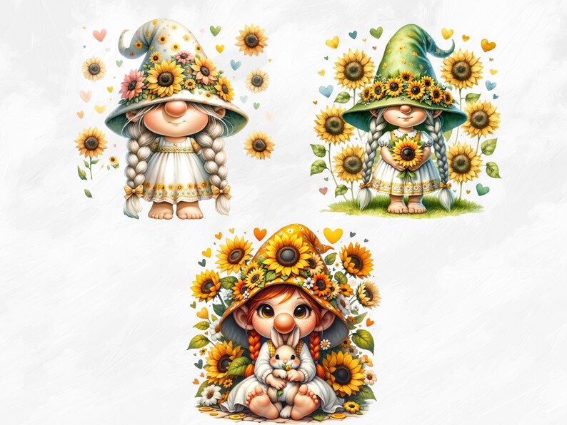 Watercolor Sunflower Gnome Clipart, 11 PNG Garden Gnome Clipart ...