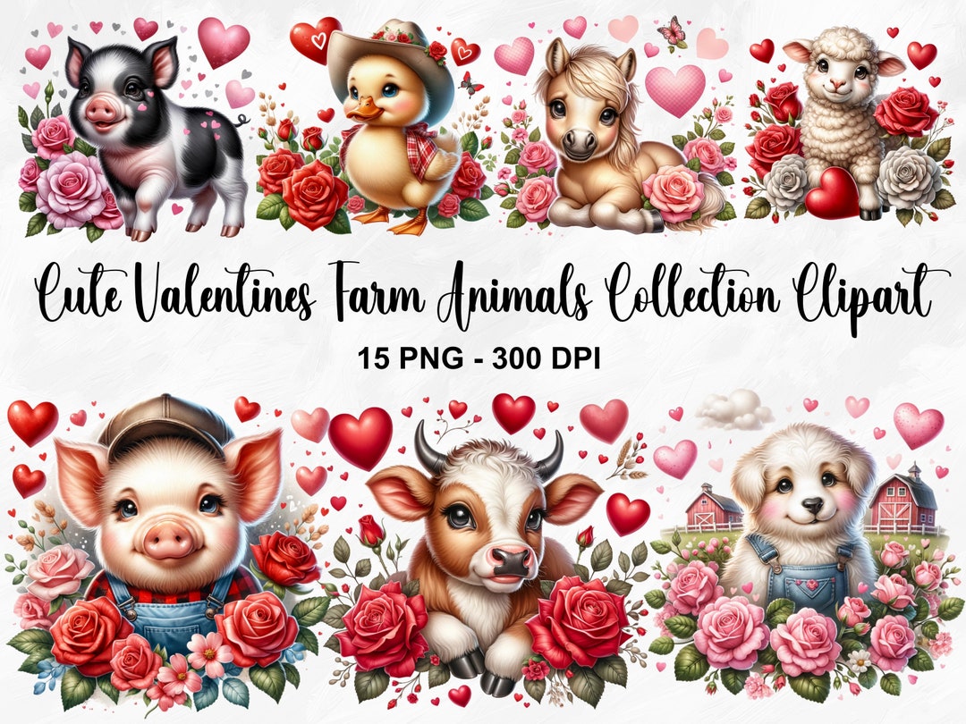 Watercolor Cute Valentines Farm Animals Clipart, 15 PNG Valentines Day ...