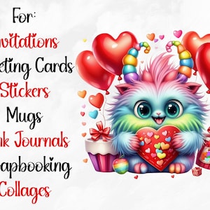 Watercolor Cute Cartoon Valentines Monsters Clipart, 12 PNG Valentines ...