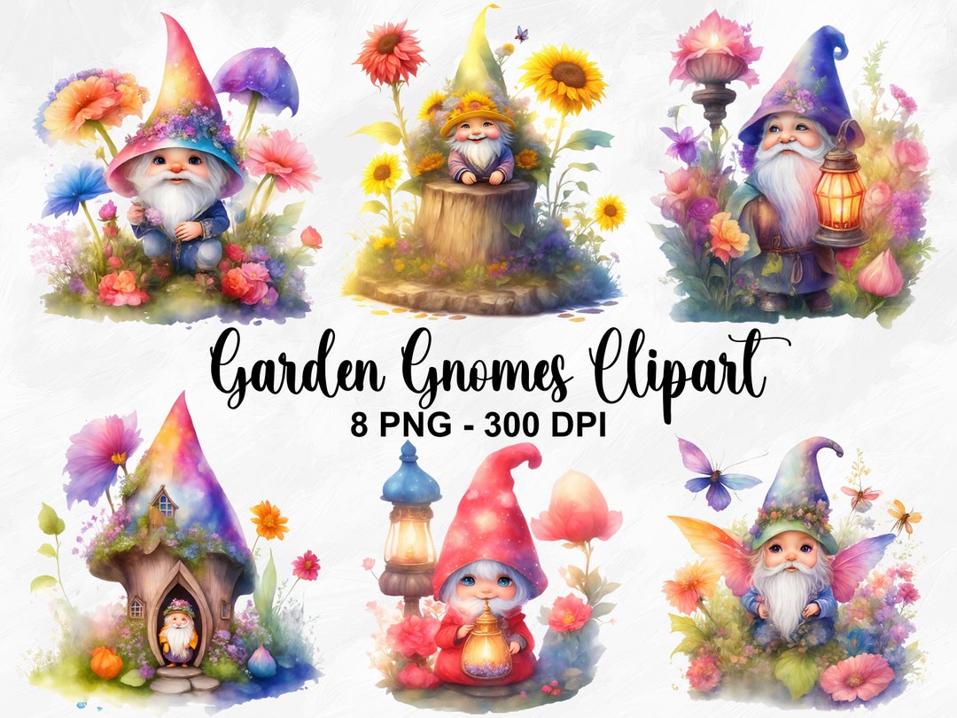 Watercolor Fantasy Garden Gnomes Clipart, 8 PNG Watercolor Garden ...