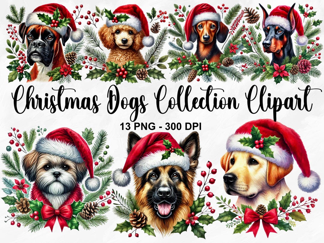 Watercolor Christmas Dogs Collection Clipart, 13 PNG Christmas Clipart ...