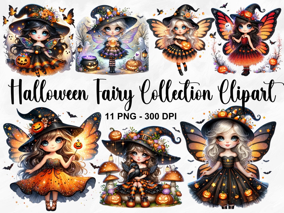 Watercolor Halloween Fairy Collection Clipart, 11 PNG Halloween Clipart ...